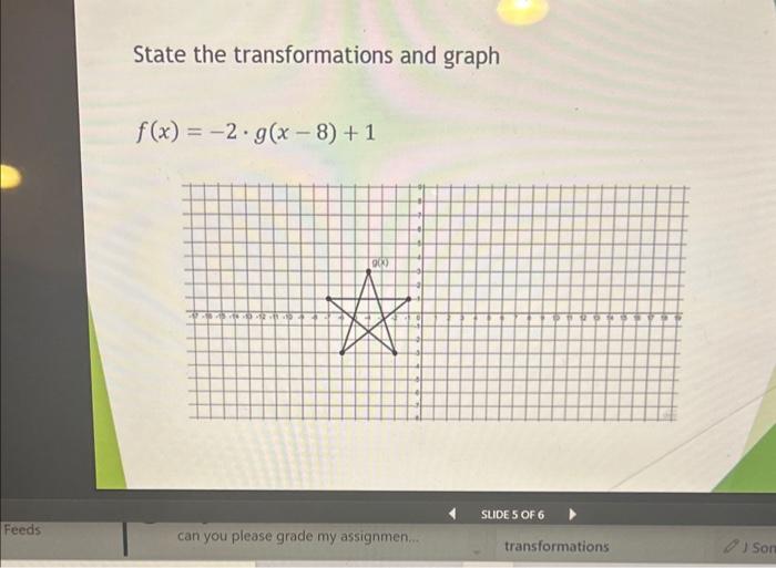 Solved State the transformations and graph f(x)=−2⋅g(x−8)+1 | Chegg.com