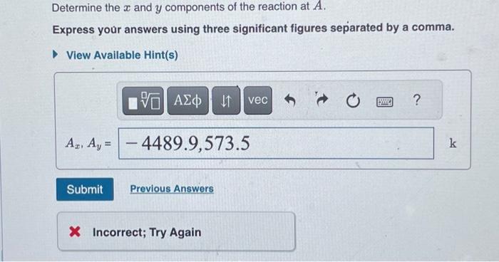 Solved Determine the x and y components of the reaction at | Chegg.com