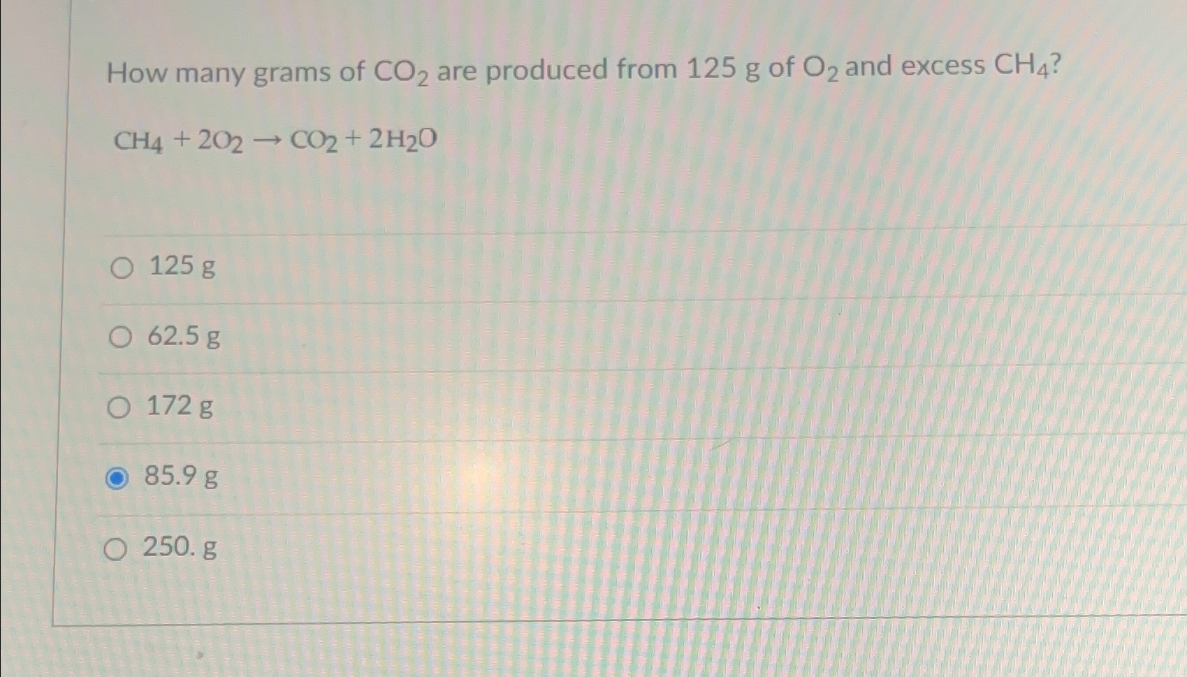 Solved How many grams of CO2 ﻿are produced from 125g ﻿of O2 | Chegg.com