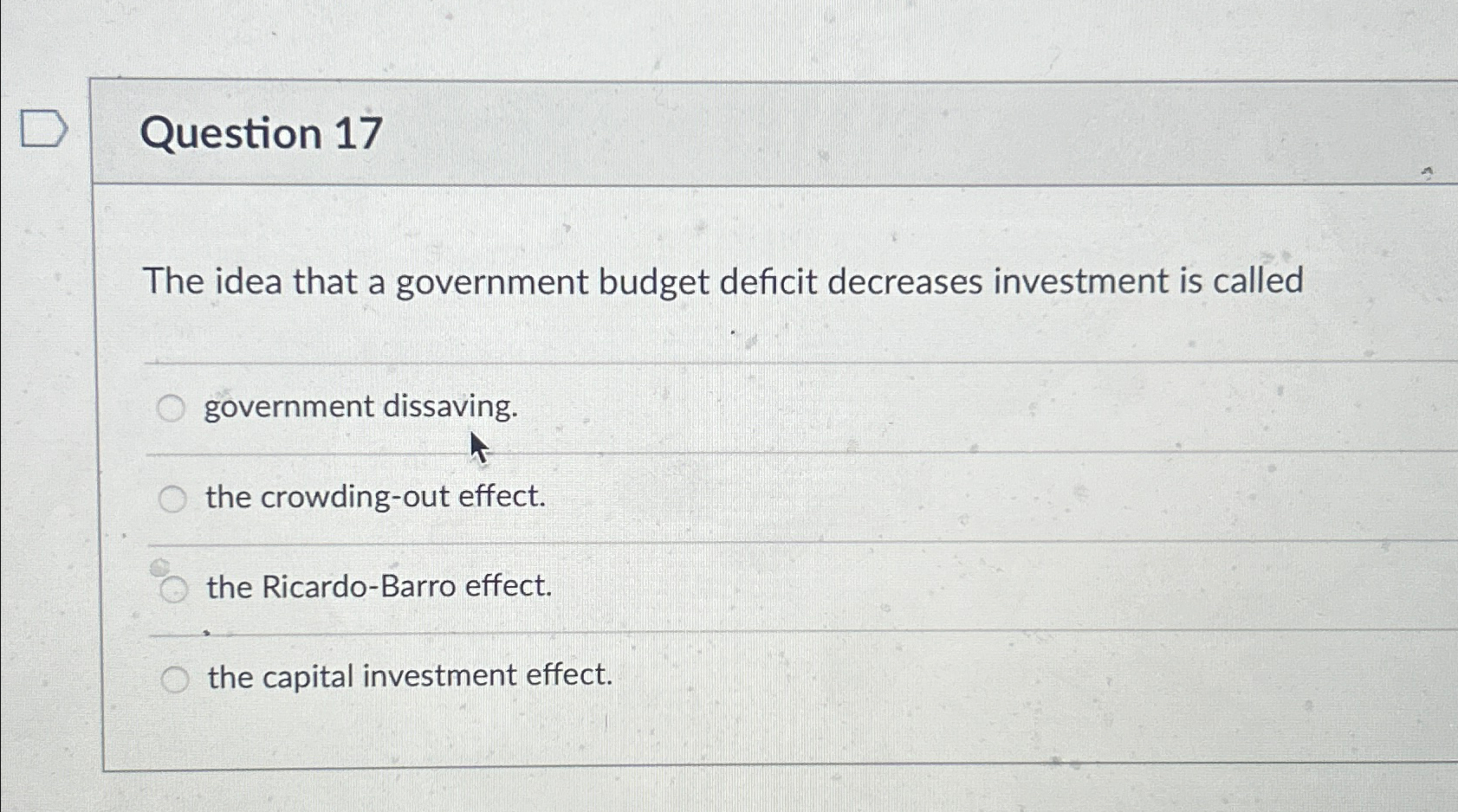Solved Question 17The idea that a government budget deficit | Chegg.com