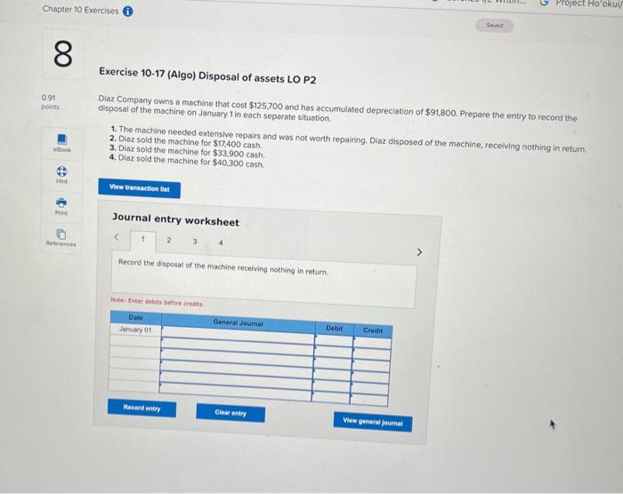 Solved Exercise 10-17 (Algo) Disposal of assets LO P2 Diaz | Chegg.com
