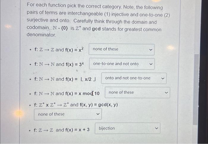Solved For each function pick the correct category. Note, | Chegg.com
