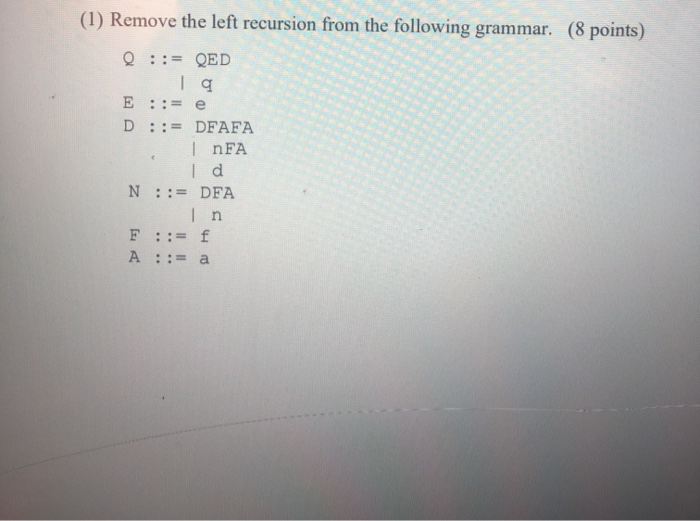 Solved (1) Remove the left recursion from the following | Chegg.com