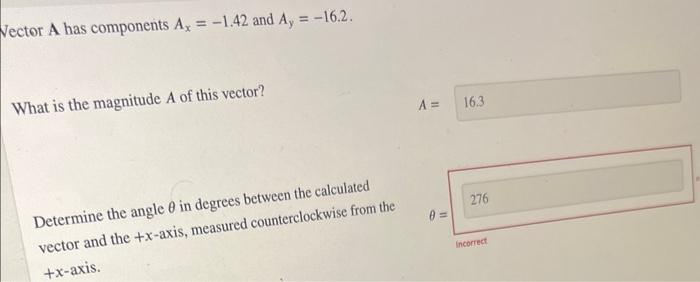 Solved Vector A has components Ax=−1.42 and Ay=−16.2. What | Chegg.com