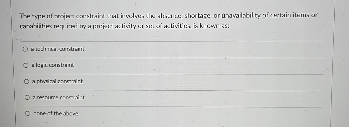 Solved The type of project constraint that involves the | Chegg.com