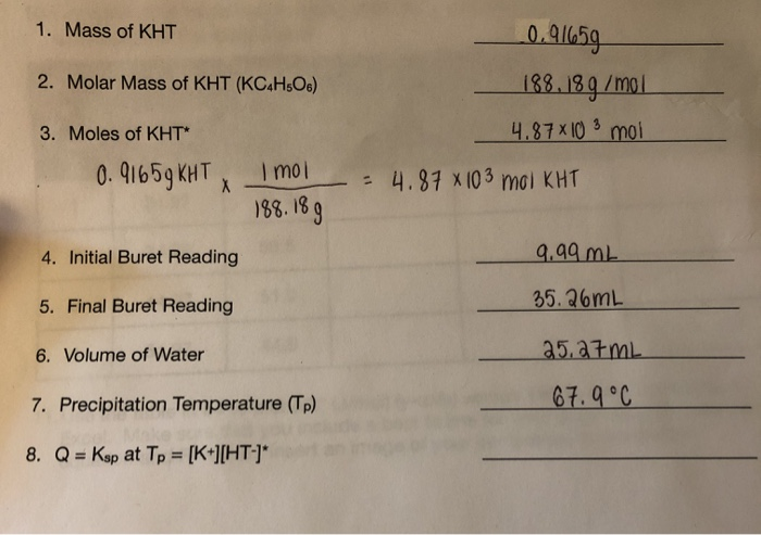 Solved 1. Mass of KHT 2. Molar Mass of KHT (KC4H506) 0.91659 | Chegg.com