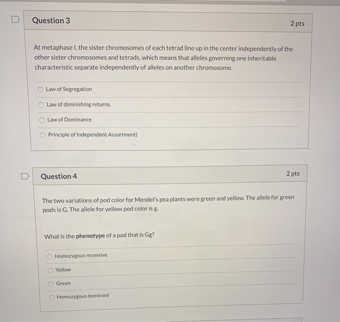 Solved Question 1 2 pts The two variations of pod color for | Chegg.com