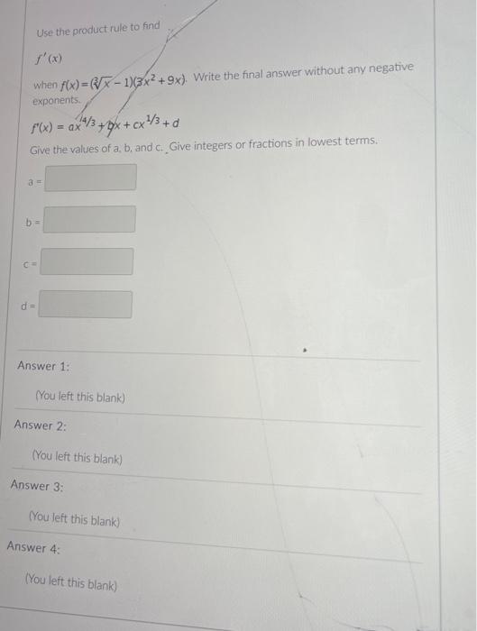 Solved Use the product rule to find f′(x) when | Chegg.com