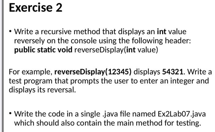Solved Exercise 1 • Write a recursive method for countdown. | Chegg.com