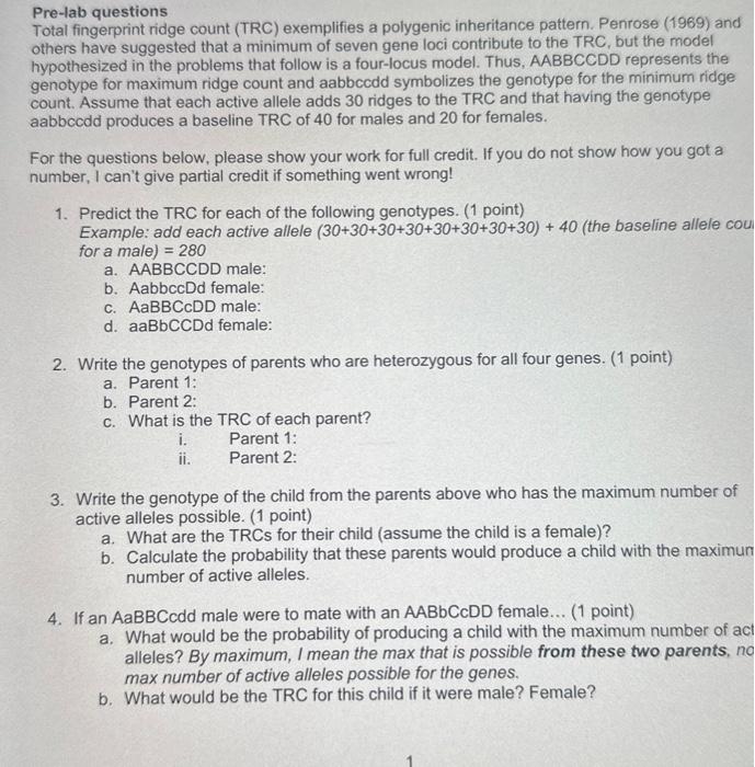 Solved Pre-lab questions Total fingerprint ridge count (TRC) | Chegg.com