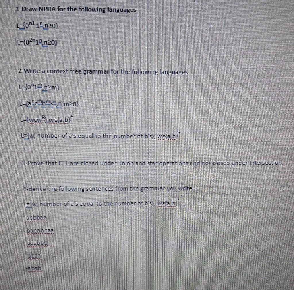 Solved 1-Draw NPDA for the following languages L={on1 | Chegg.com