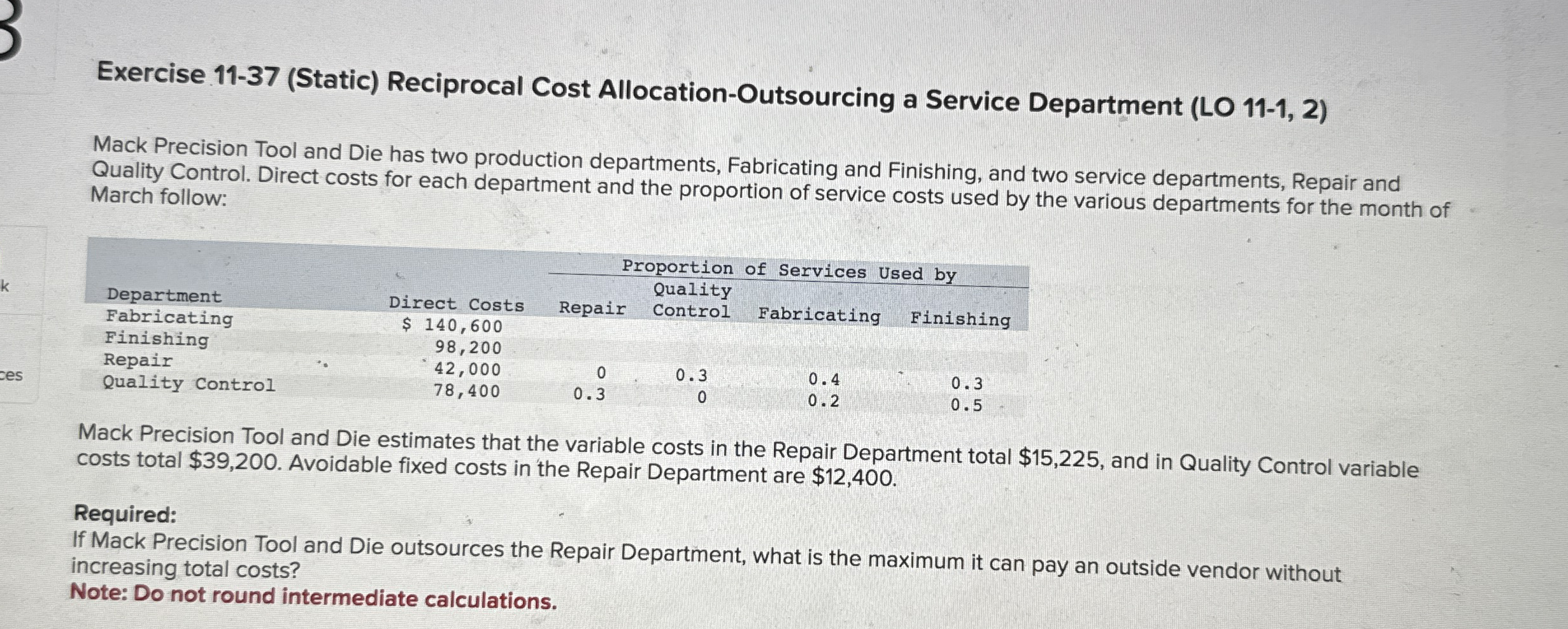 Solved Exercise 11-37 (Static) ﻿Reciprocal Cost | Chegg.com