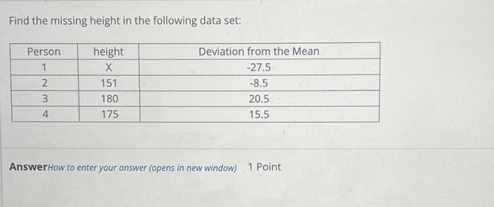 Solved Find the missing height in the following data set: | Chegg.com