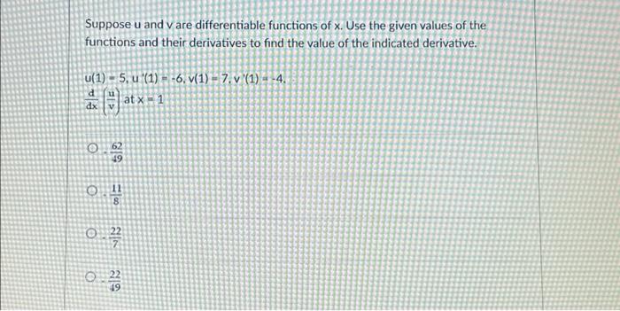 Solved Suppose u and v are differentiable functions of x. | Chegg.com