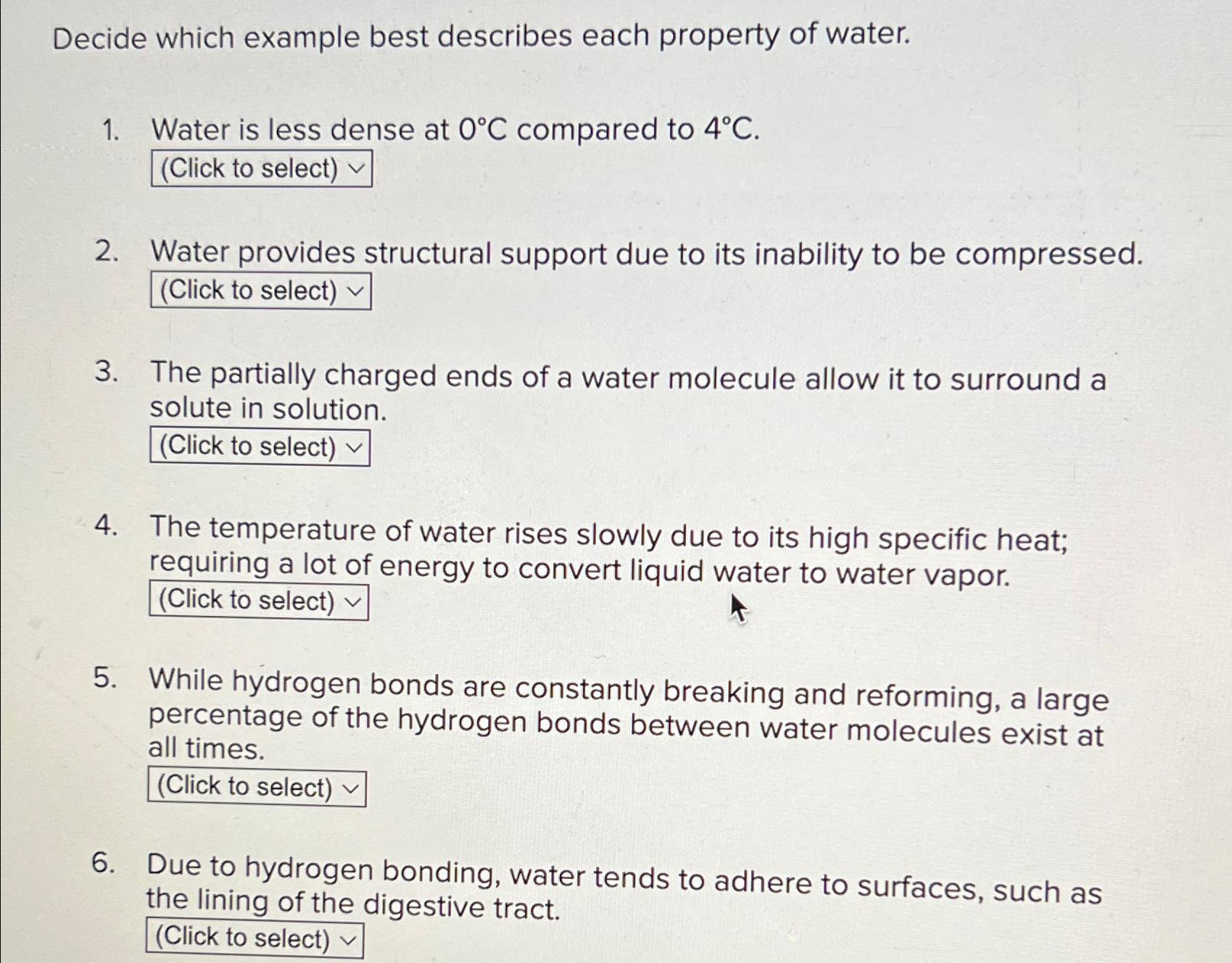 Solved Decide which example best describes each property of | Chegg.com