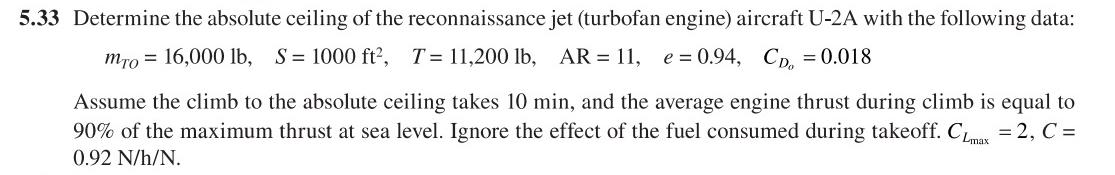 5.33 ﻿Determine the absolute ceiling of the | Chegg.com
