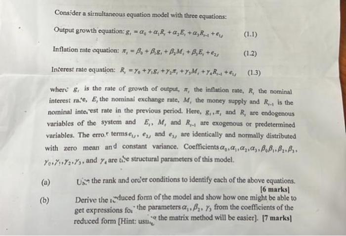 Consider a simultaneous equation model with three | Chegg.com