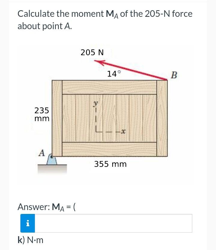 Solved Calculate the moment MA of the 205−N force about | Chegg.com