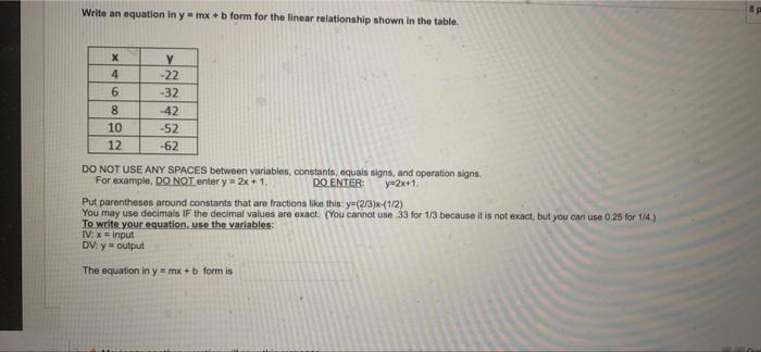 Solved Write an equation in y mx + b form for the linear | Chegg.com