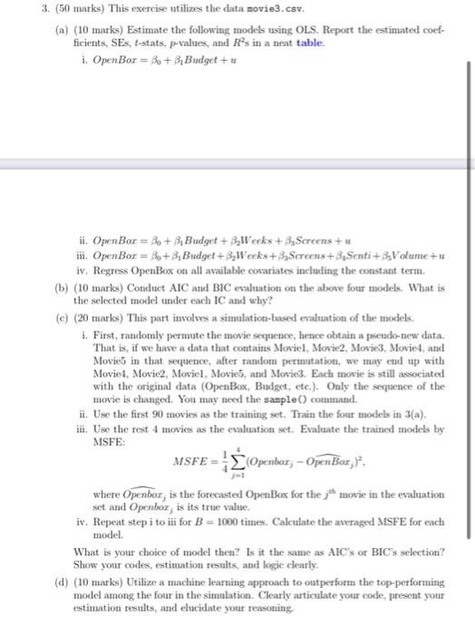 Solved 3. (50 marks) This exercise utilizes the data | Chegg.com