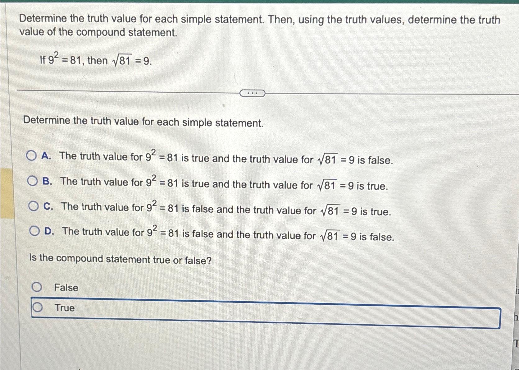 Solved Determine The Truth Value For Each Simple Statement