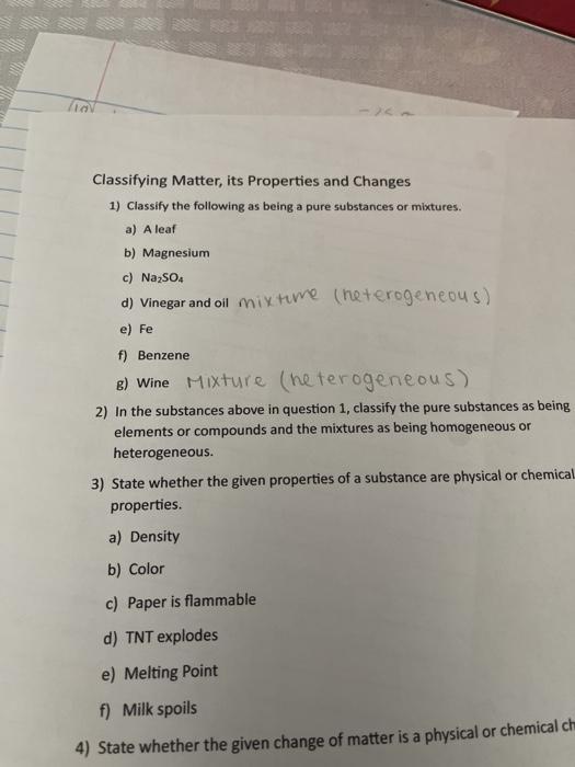 Solved Classifying Matter, its Properties and Changes 1) | Chegg.com