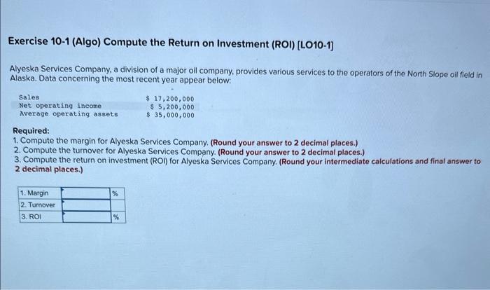 Solved Exercise 10-1 (Algo) Compute the Return on Investment | Chegg.com