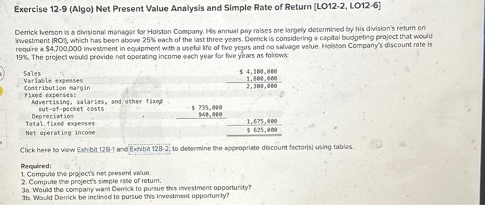 Solved Exercise 12-9 (Algo) Net Present Value Analysis and | Chegg.com