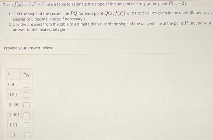 Solved Given f(x) = 3x2 - 5, use a table to estimate the | Chegg.com