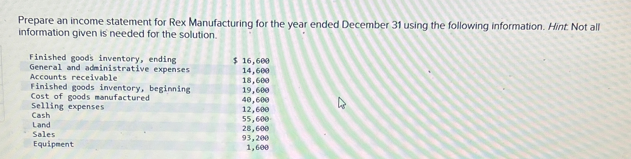 Solved Prepare an income statement for Rex Manufacturing for | Chegg.com
