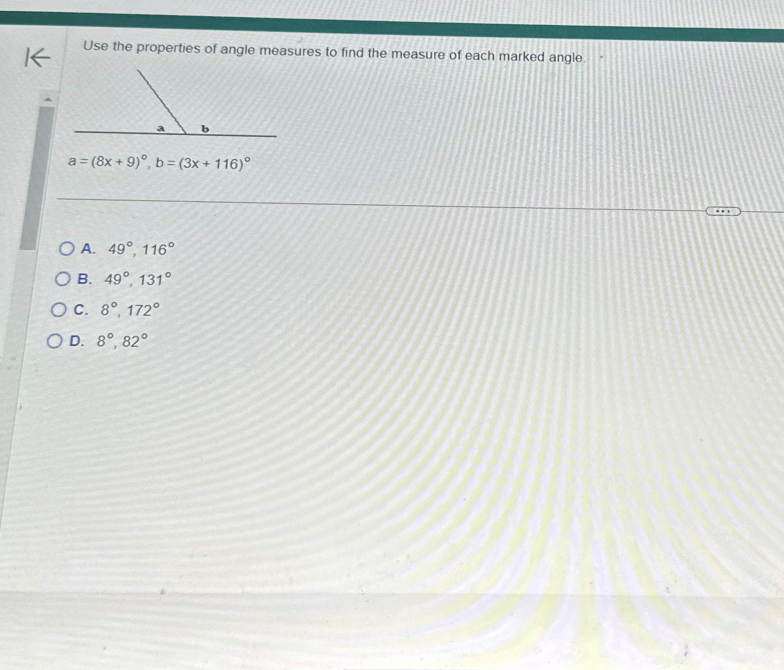 Solved Use the properties of angle measures to find the | Chegg.com