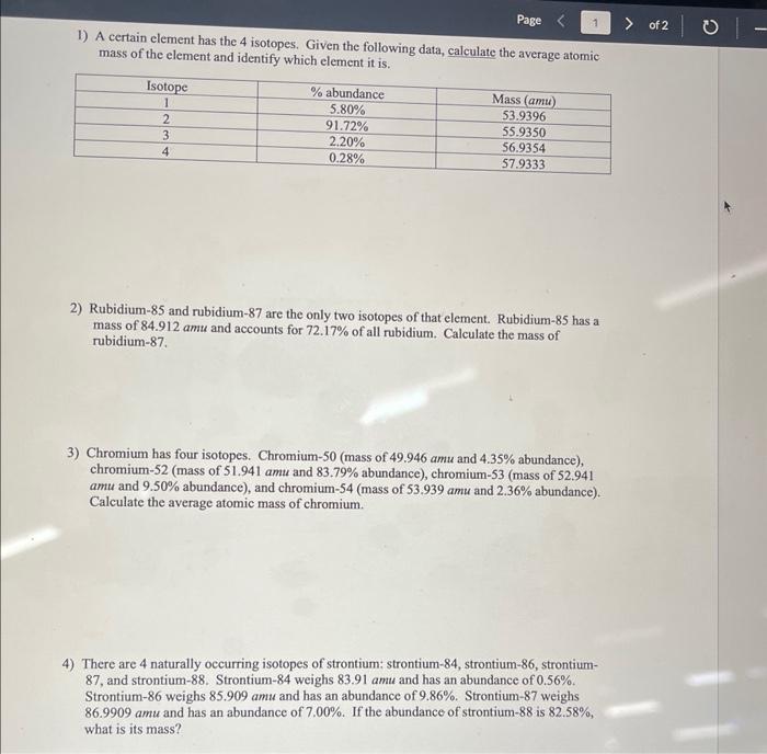 Solved 1) A certain element has the 4 isotopes. Given the | Chegg.com