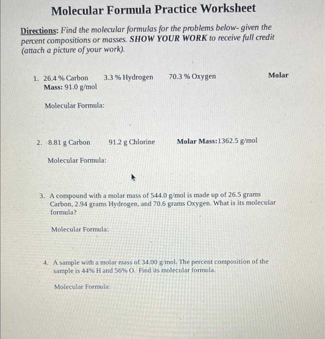 Solved Molecular Formula Practice Worksheet Directions: Find | Chegg.com