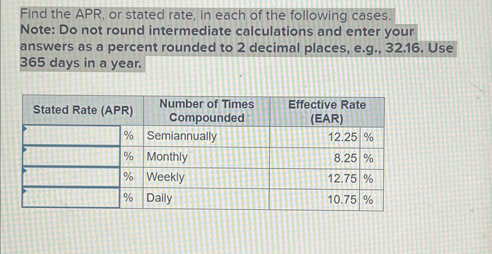 Solved Find the APR, or stated rate, in each of the | Chegg.com