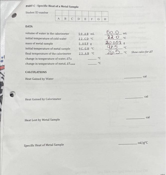 PART C - Specific Heat of a Metal Sample Student ID | Chegg.com