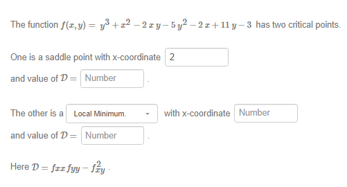 Solved The function f(x,y)=y3+x2-2xy-5y2-2x+11y-3 ﻿has two | Chegg.com