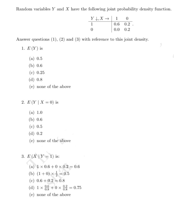 Solved Random variables Y and X have the following joint | Chegg.com