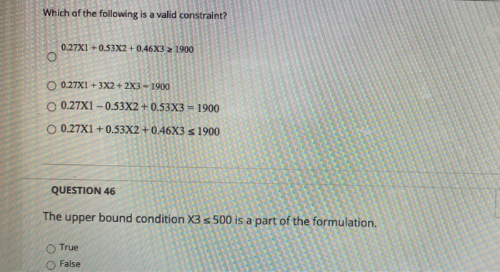 Solved Which of the following is a valid constraint? O 1X1 + | Chegg.com