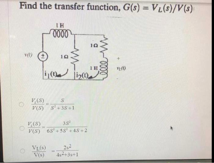 Solved Find the transfer function, G(s) = VL(S)/V(s) IH | Chegg.com