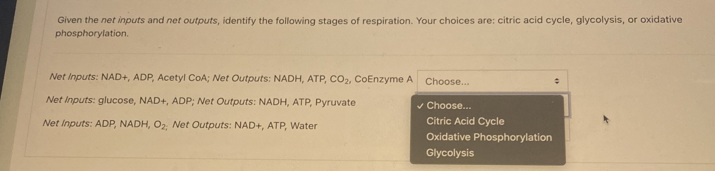 Solved Given the net inputs and net outputs, identify the | Chegg.com