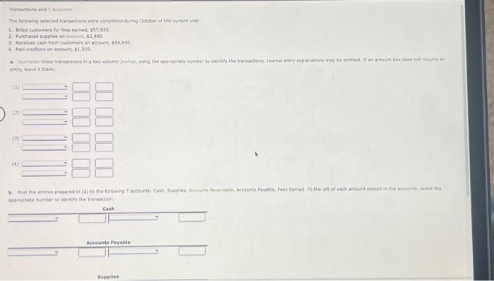 Solved Transactions and T Accounts The following selected | Chegg.com