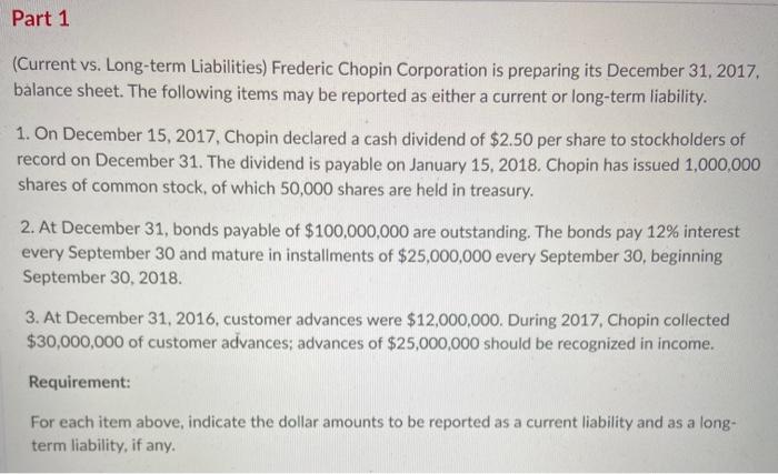 Solved Part 1 (Current vs. Long-term Liabilities) Frederic | Chegg.com