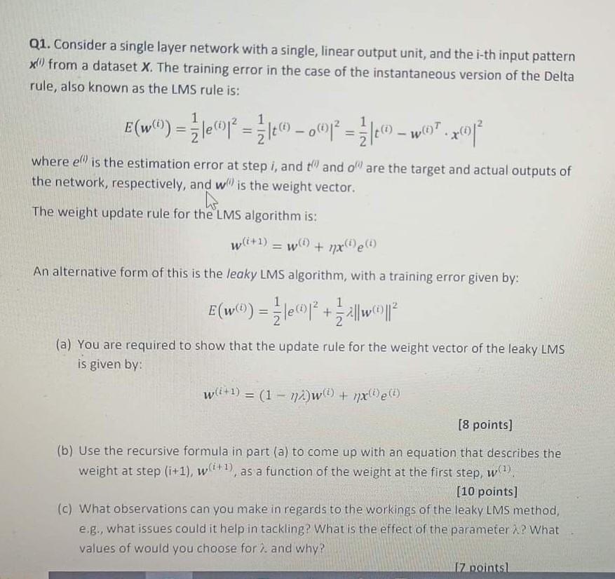 Q1. Consider a single layer network with a single, | Chegg.com