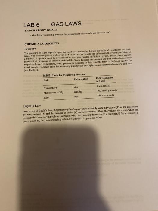 LAB 6 GAS LAWS LABORATORY GOALS • Graph the | Chegg.com