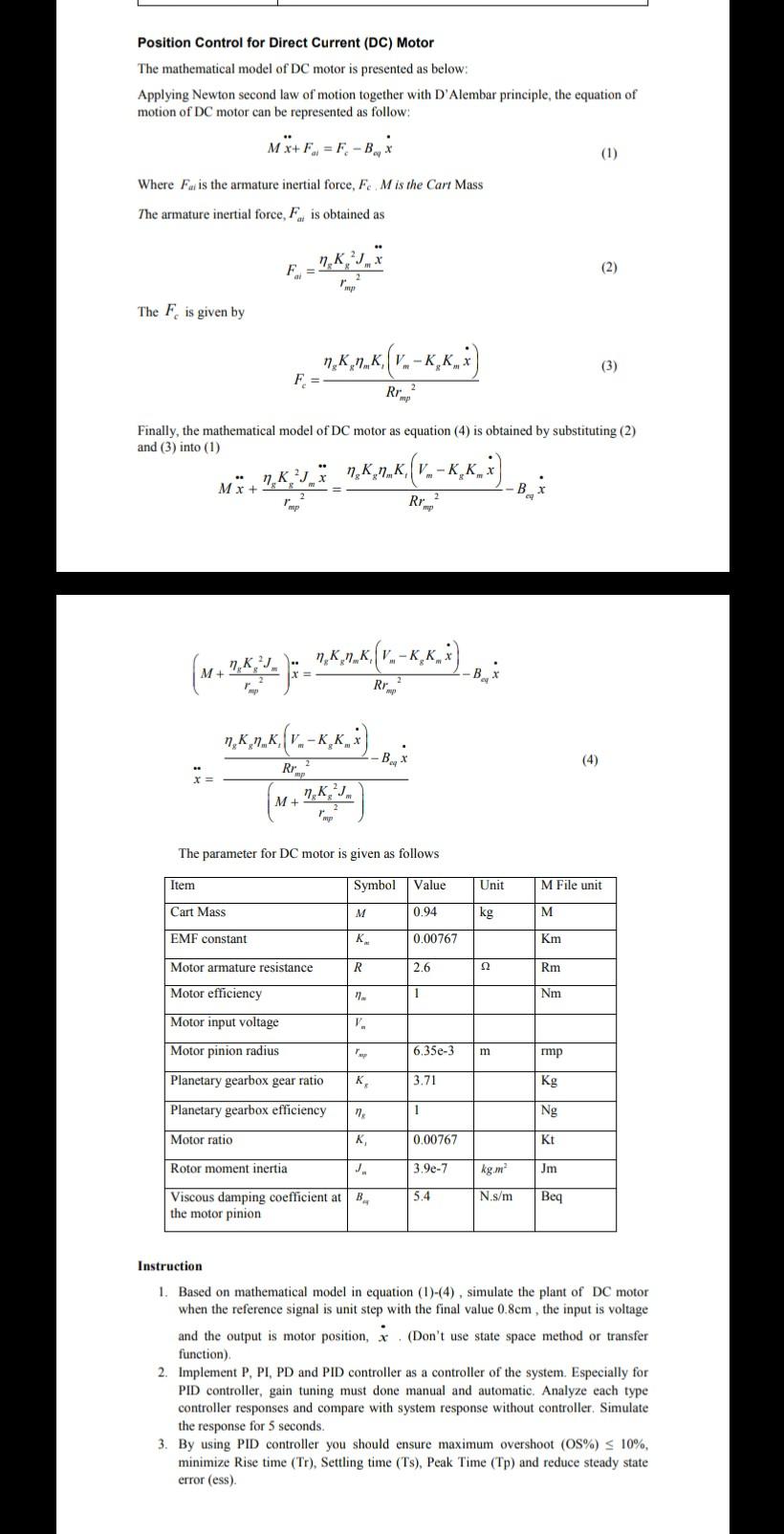 Solved Position Control for Direct Current (DC) Motor The | Chegg.com