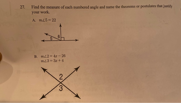 Solved 27. Find the measure of each numbered angle and name | Chegg.com