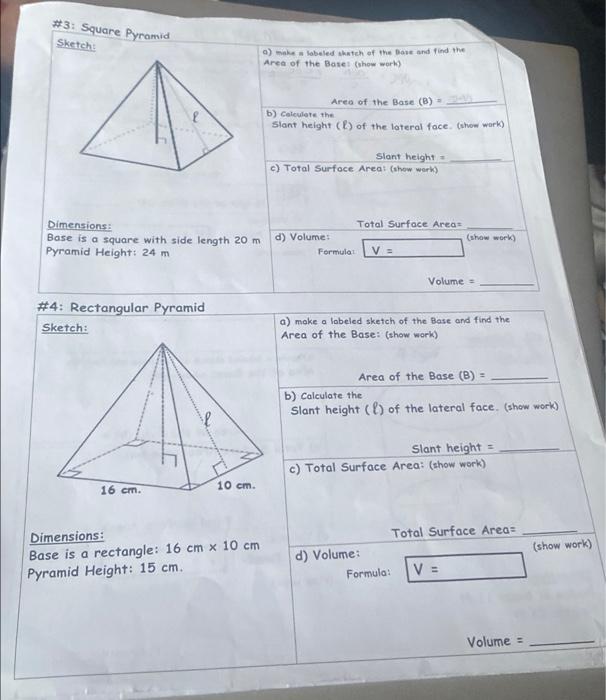 Solved # 3: Square Pyramid Sketch: Dimensions: Base is a | Chegg.com