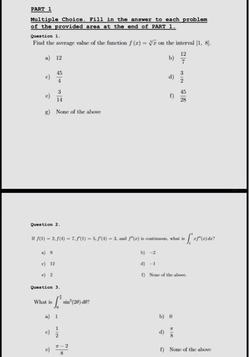 Solved PART 1 Multiple Choice. Fill in the answer to each | Chegg.com
