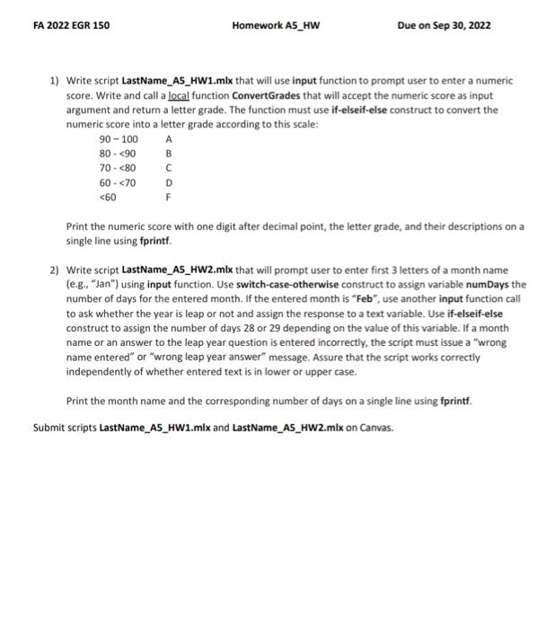 1) Write script LastName_A5_HW1.mlx that will use | Chegg.com