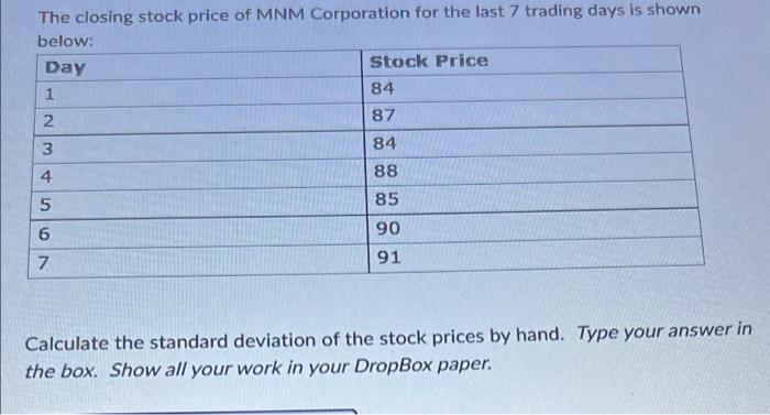 Solved The closing stock price of MNM Corporation for the | Chegg.com